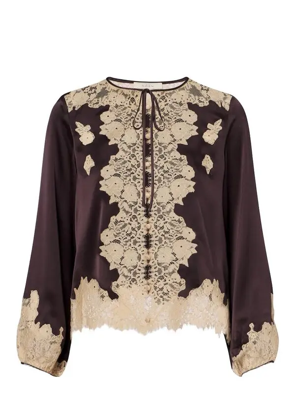 DÔEN Lucine Lace-trimmed Silk Satin Blouse - Brown