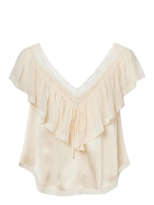 DÔEN Yadira Lace-trimmed Ruffled Silk Blouse - White