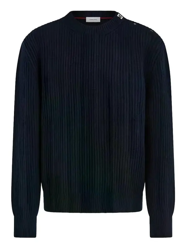 FERRAGAMO Rib Knit Crew Neck Sweater With Hug Buckle Detail - Blue