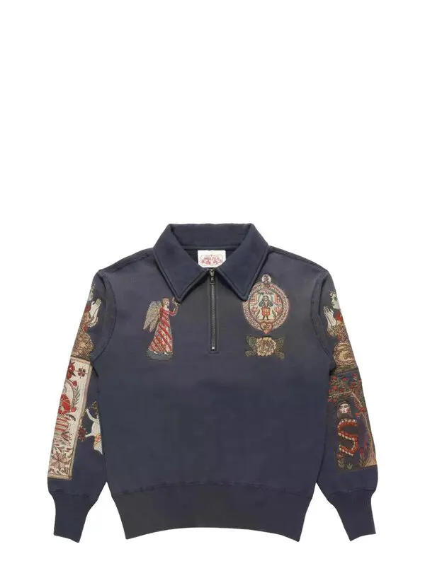 SAMUEL ZELIG Folk Embroidered Quarter-zip Sweatshirt - Blue