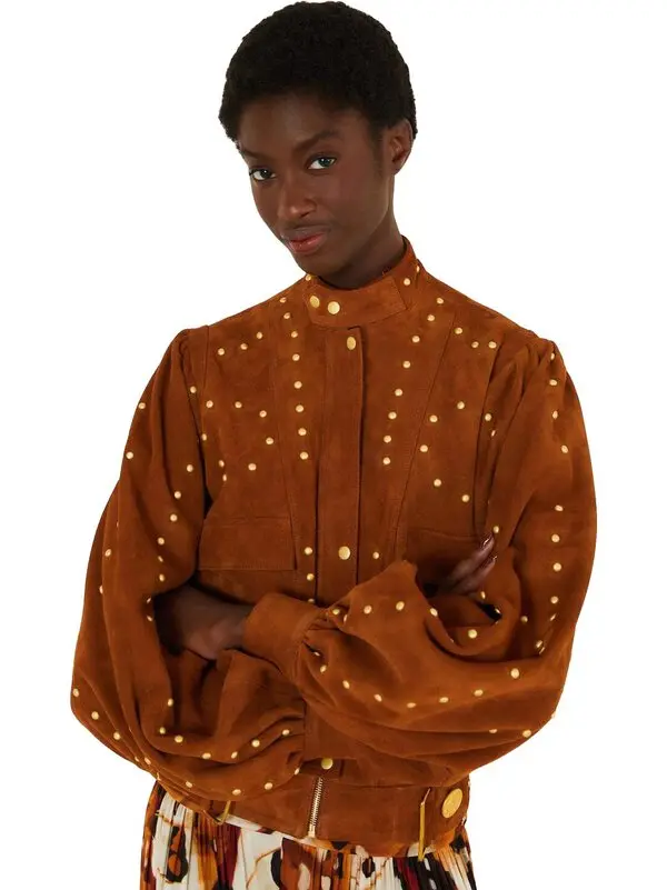 Farm Rio Riveted Buttoned Leather Jacket - Brown