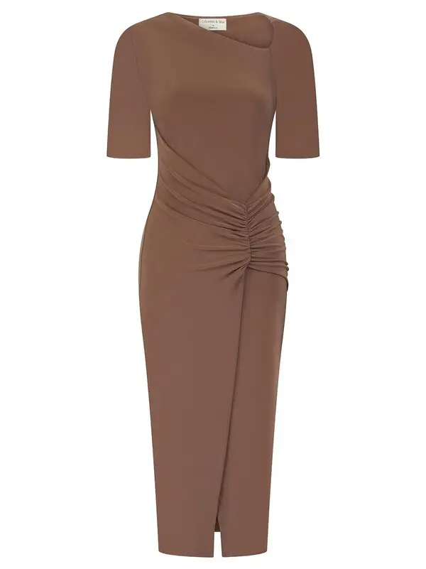 CELESTINE & MAE Latica Midi Dress In Woodsmoke Tan - Brown