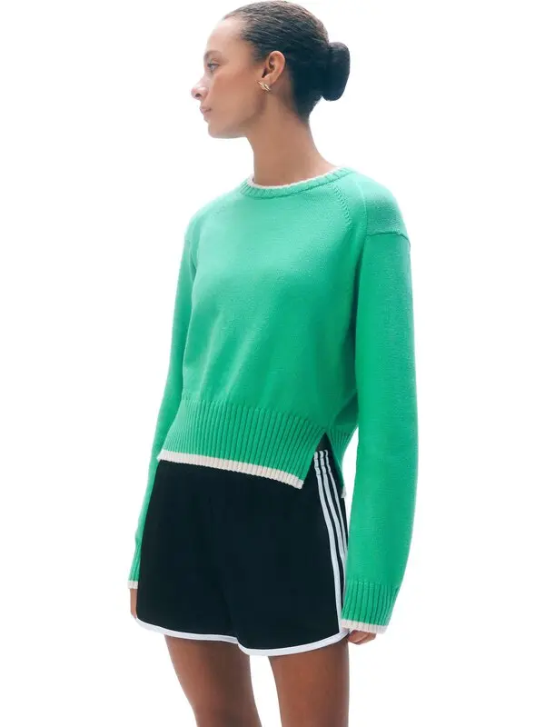 WHITE & WARREN Varsity Cotton Crewneck Top In Size In Cotton/polyester - Green