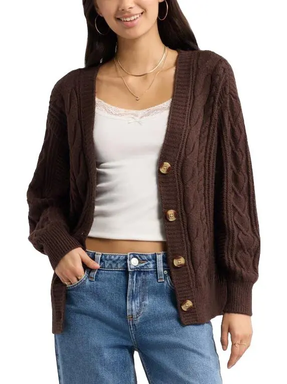 Bp. Relaxed Cable Stitch V-neck Cardigan - Brown Coffee