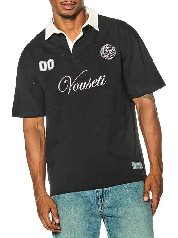VOUSETI Post Game Embroidered Cotton Rugby Polo - Black