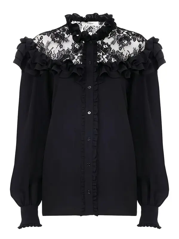 Chloé High-neck Blouse With Ruffles In Crêpe De Chine And Lace - Black