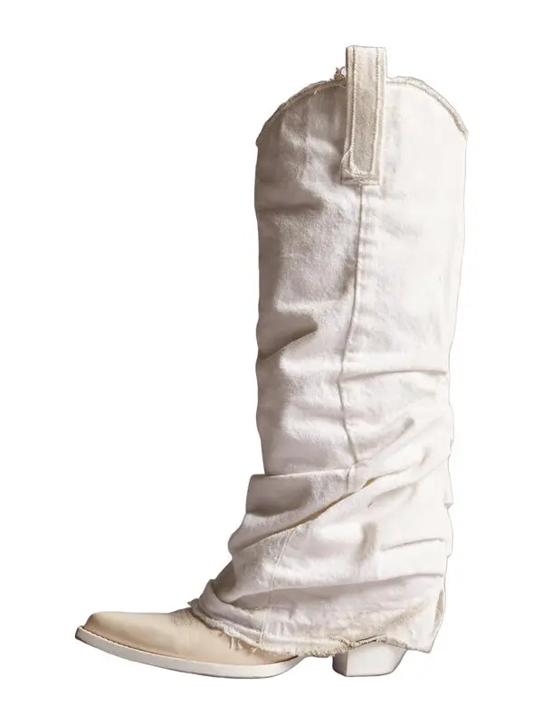 R13 Mid Cowboy Boots With Denim Sleeve - White Denim