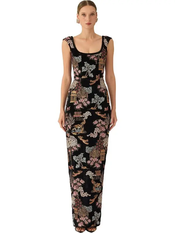 SAU LEE Brooke Embroidered Gown - Black Multi