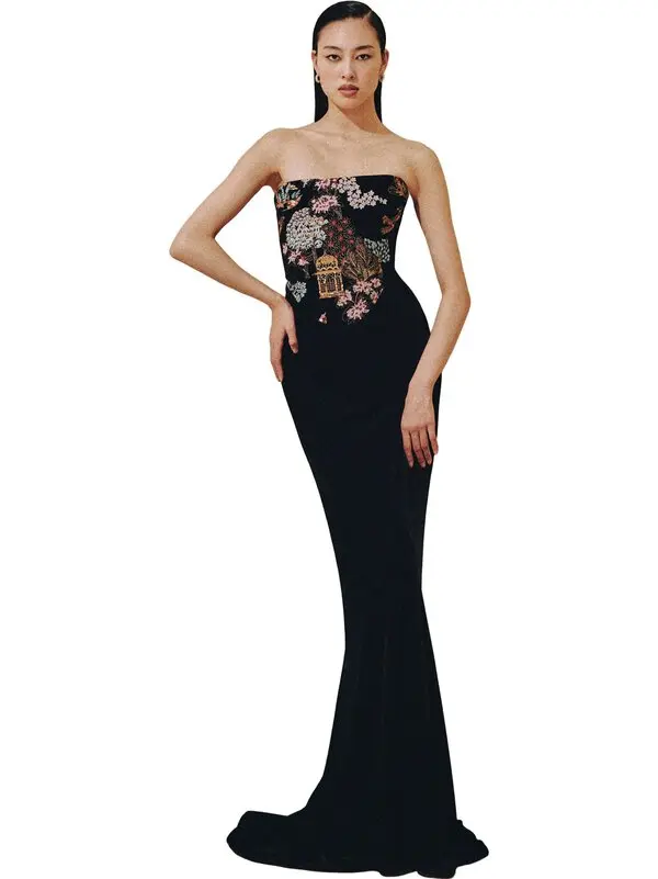 SAU LEE Isha Velvet Gown - Black Multi