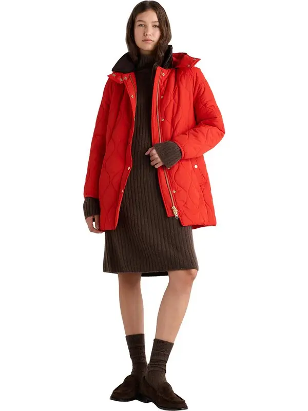 Quince Featherless Quilted Hooded Long Puffer Jacket - Spritz Red