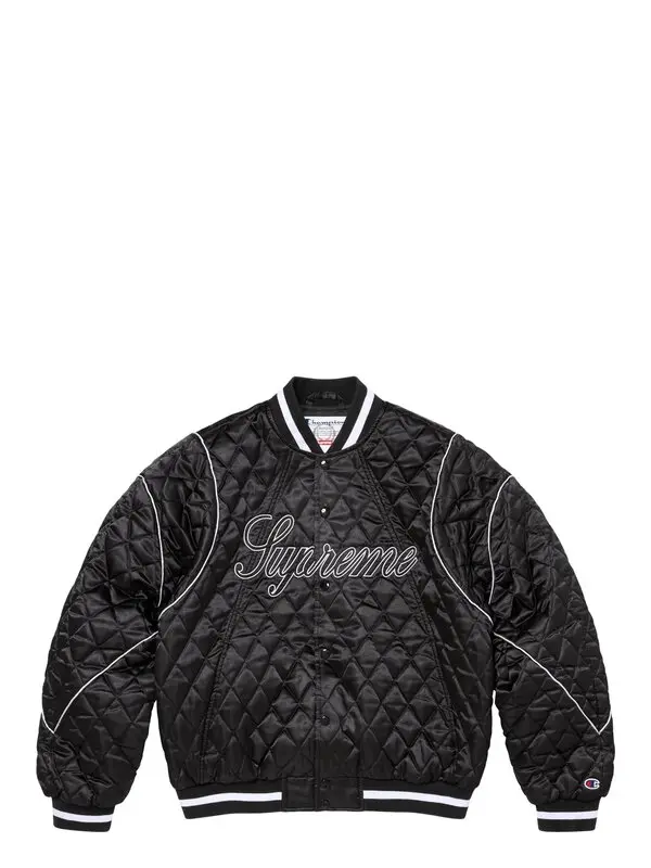 Supreme X Champion Quilted Satin Varsity Jacket - Black