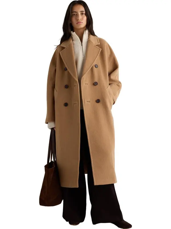 Quince Wool Cashmere Double-breasted Belted Long Coat - Caramel