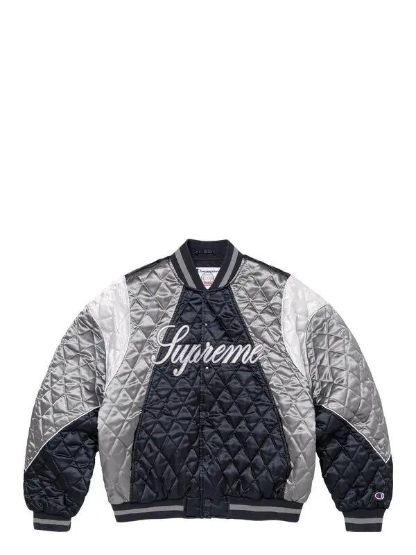 Supreme X Champion Quilted Satin Varsity Jacket 'navy - Blue