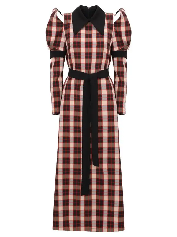 JULIA ALLERT Stylish Cold Shoulder Long Sleeve Dress With Belt Check - Red