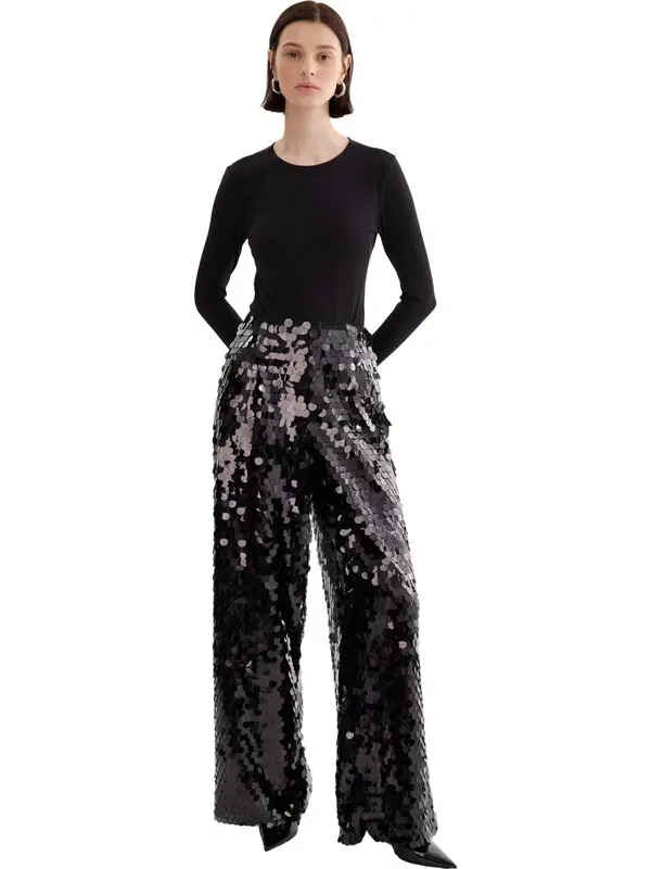 LAMARQUE Stacy Sequin Wide Leg Pants - Black