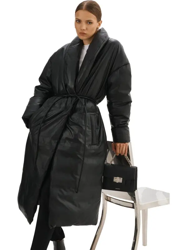 LAMARQUE Catalina Oversized Leather Blanket Coat - Black