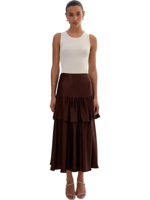 LAMARQUE Chalina Ruffle Satin Midi Skirt - Brown