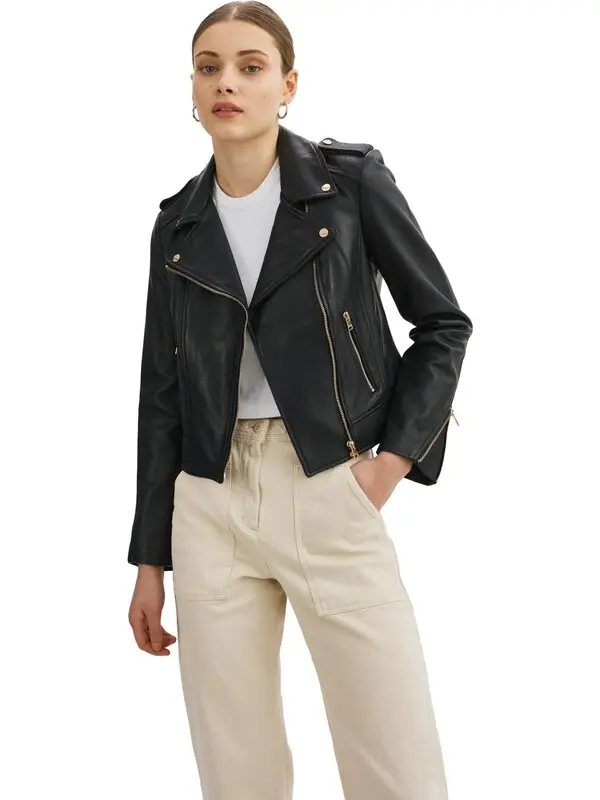 LAMARQUE Donna Gold Iconic Leather Biker Jacket - Black