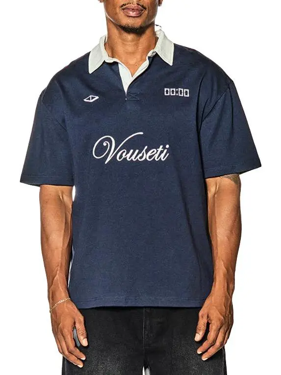 VOUSETI Post Game Embroidered Cotton Rugby Polo - Navy