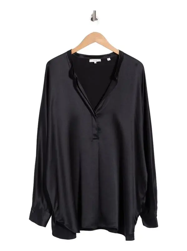 Vince Band Collar Silk Blouse - Black