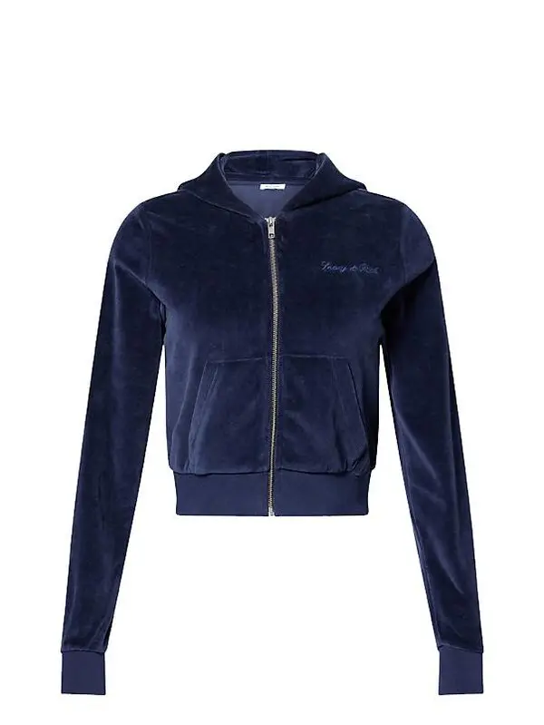 Sporty & Rich Signature-logo Krystal Zip Velour Hoody - Dark Navy