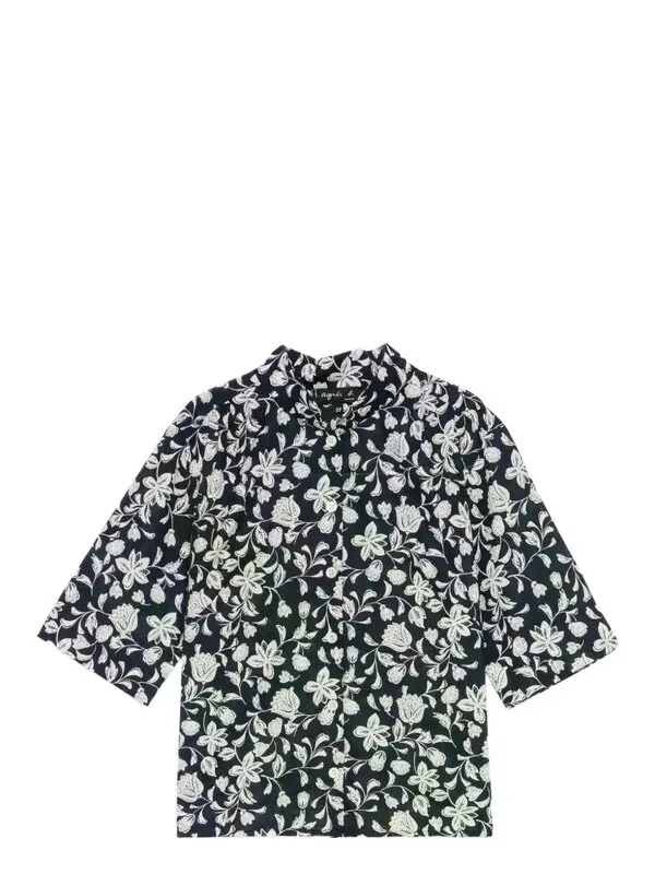 AGNES B. Floral-print Stand-collar Shirt - Blue