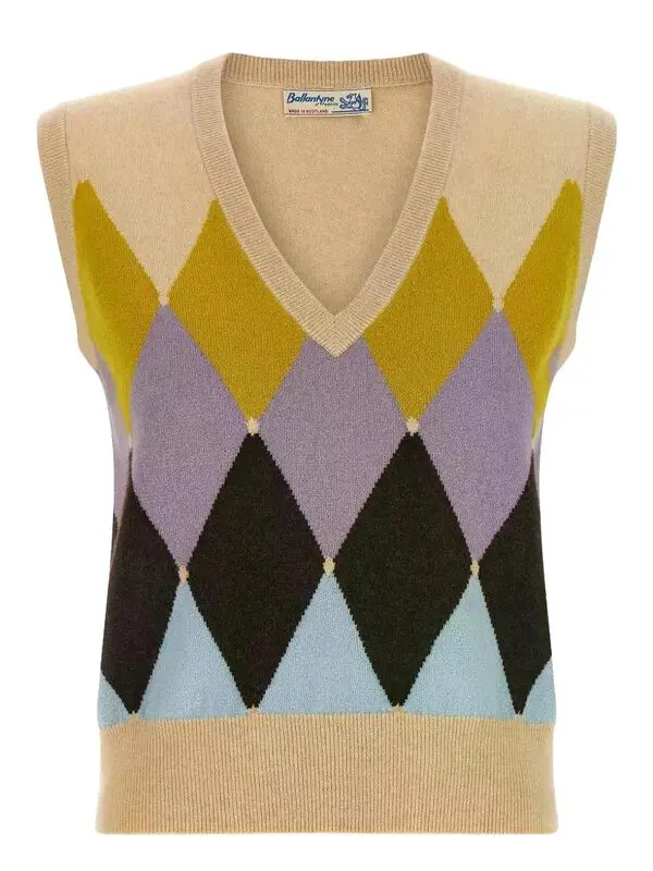 BALLANTYNE Diamond Argyle V-neck Jumper - Neutrals