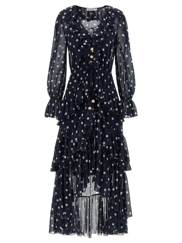 SELF-PORTRAIT Polka Dot Georgette Ruffle Maxi' Dress - Blue