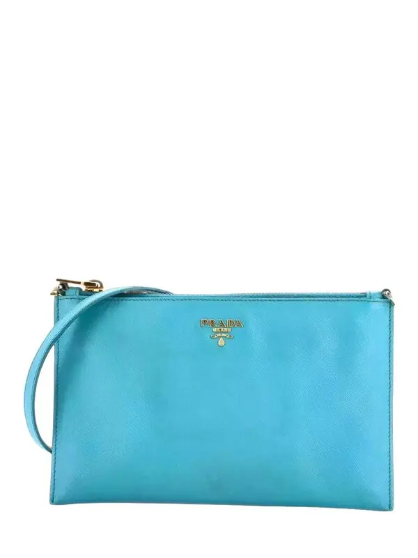 Prada Zip Flat Shoulder Bag Saffiano Leather Small Clutch Bag - Blue