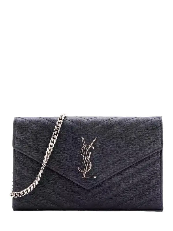Saint Laurent Classic Monogram Wallet On Chain Matelasse Chevron Leather Medium Crossbody Bag - Black