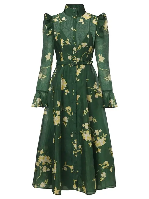 LEO LIN Katrina Floral Linen And Silk Midi Dress - Green