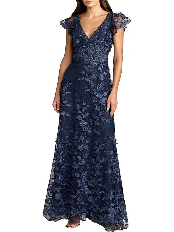 Mac Duggal Petite Floral Embroidered Lace Flutter Sleeve Gown - Midnight