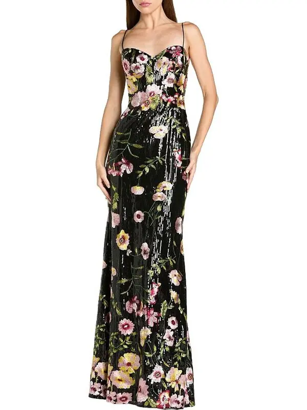 Mac Duggal Petite Sleeveless Bustier Floral Applique Gown - Black Multi