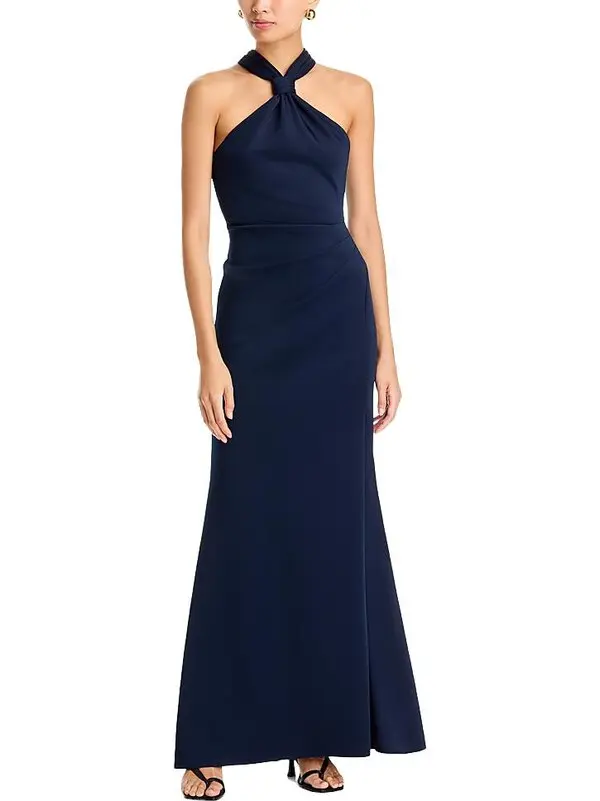 Aqua Knot Neck Pleated Waist Gown Exclusive - Navy