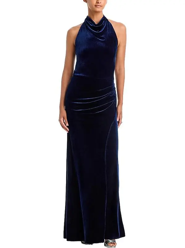 Aqua Drape Halter Ruched Back Velvet Gown Exclusive - Navy