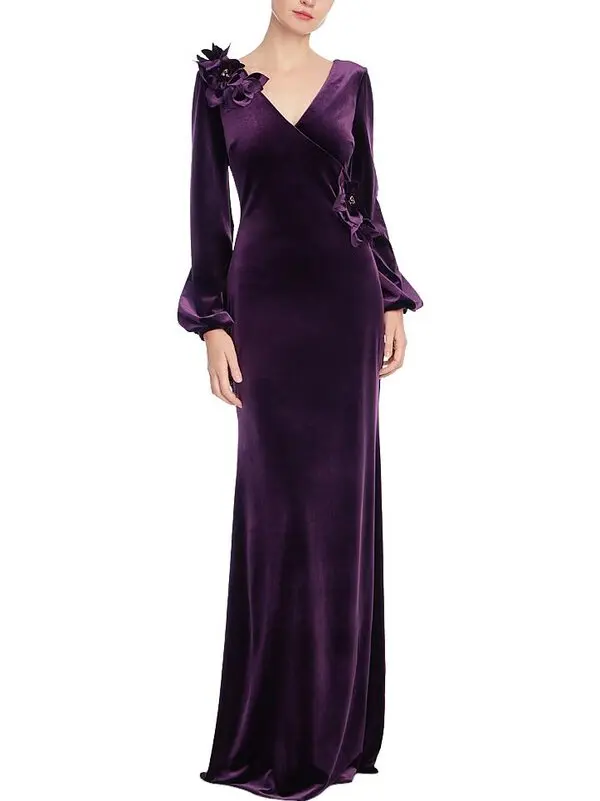 Badgley Mischka Floral Embellished Velvet Evening Gown - Amethyst