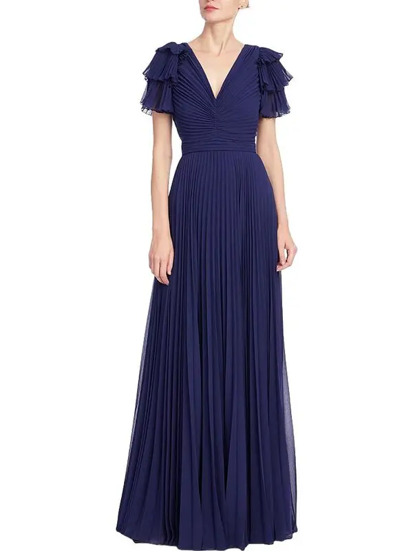 Badgley Mischka Pleated Ruffle Sleeve Gown - Navy