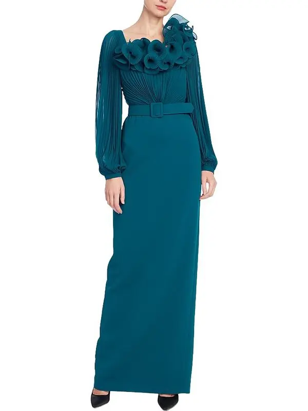 Badgley Mischka Sheer Sleeve Floral Detail Evening Gown - Black