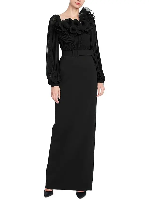Badgley Mischka Sheer Sleeve Floral Detail Evening Gown - Black