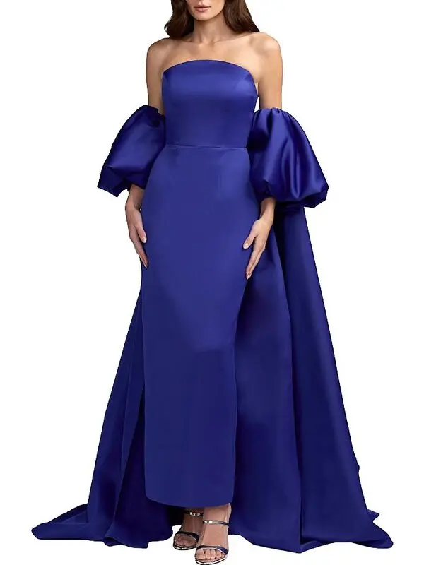Mac Duggal Strapless Puff Sleeve Satin Gown With Cape - Cobalt