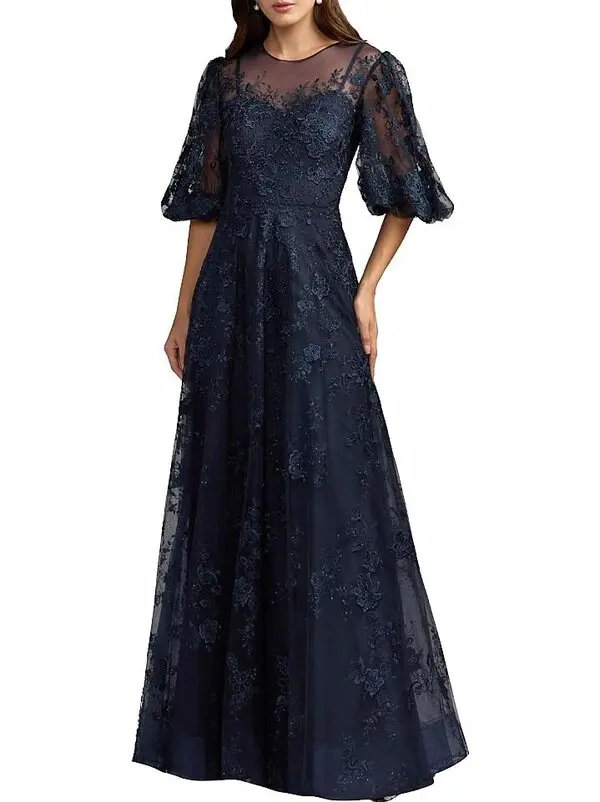 Mac Duggal Embroidered Illusion Neck Puff Sleeve A-line Gown - Midnight