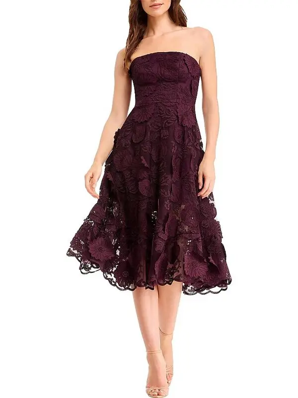 Dress The Population Kailyn Strapless Embroidered Fit-and-flare Dress - Dark Cherry