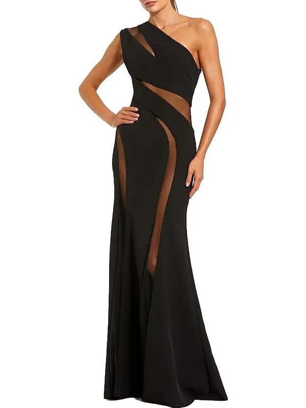 Mac Duggal One Shoulder Crepe Illusion Cutout Gown - Black