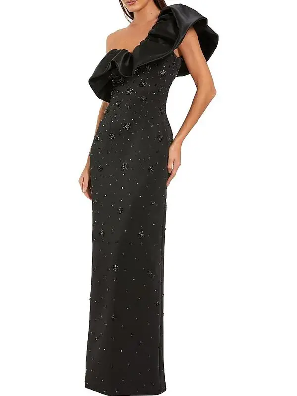 Mac Duggal One Shoulder Crepe Crystal Embellished Gown - Black