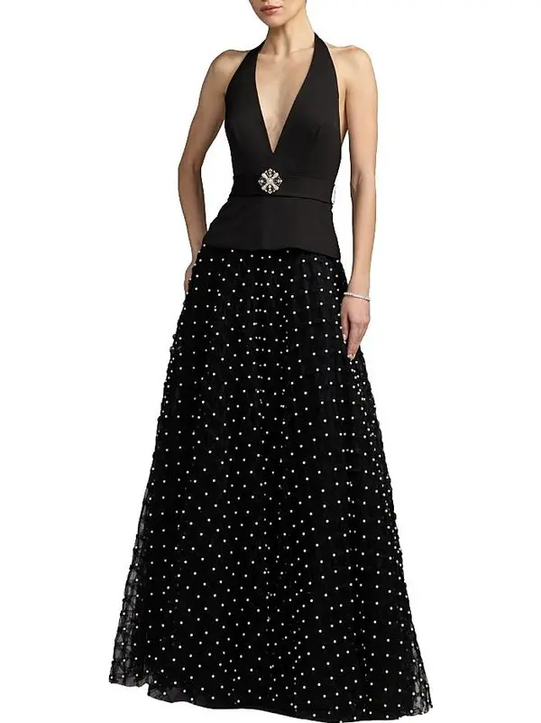 Mac Duggal Halter Neck A-line Pearl-embellished Skirt Gown - Black