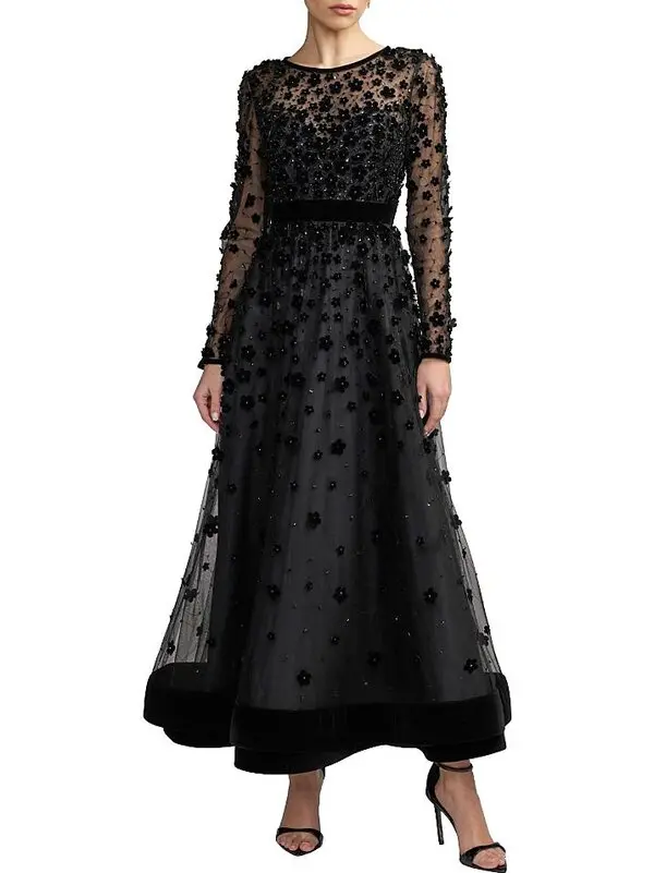 Mac Duggal Embellished Illusion Neck Long Sleeve Ankle Dress - Black