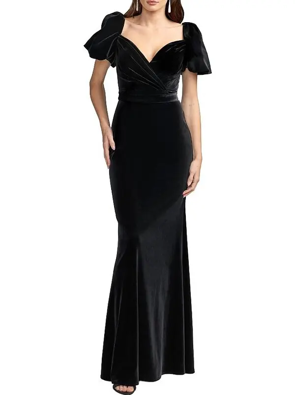 Mac Duggal Velvet Puff Sleeve Mermaid Gown - Black