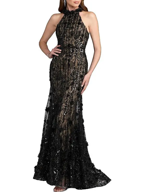 Mac Duggal Lace Embellished Sleeveless Halter Neck Gown - Black Nude