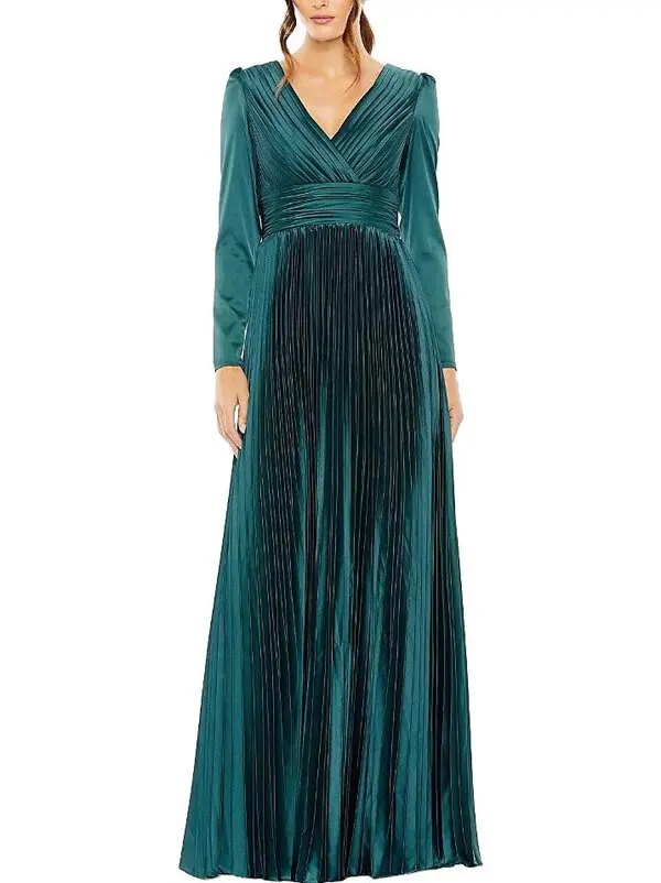 Mac Duggal Pleated Long Sleeve A-line Gown - Ocean