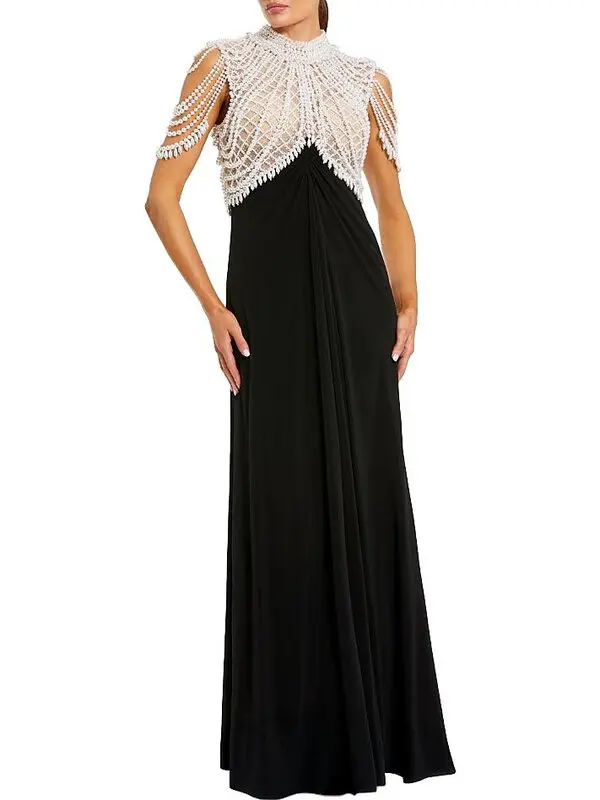 Mac Duggal Jersey Gown With Draped Pearl Beading - Black